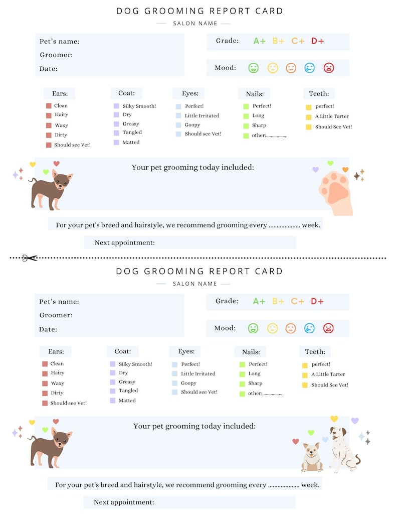 Editable Dog Grooming Report Card, Dog Groomer Report Card Template - Etsy