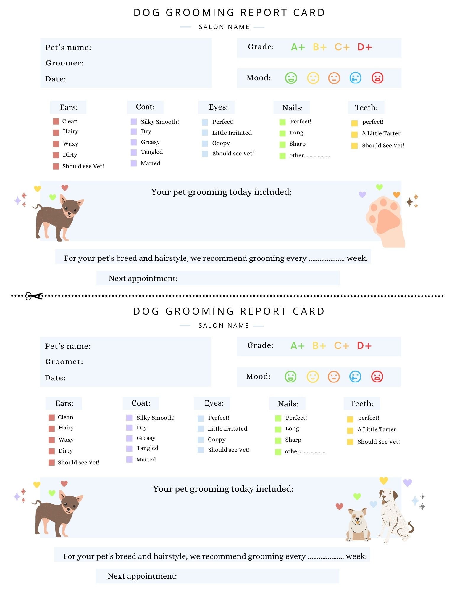 Editable Dog Grooming Report Card, Dog Groomer Report Card Template - Etsy
