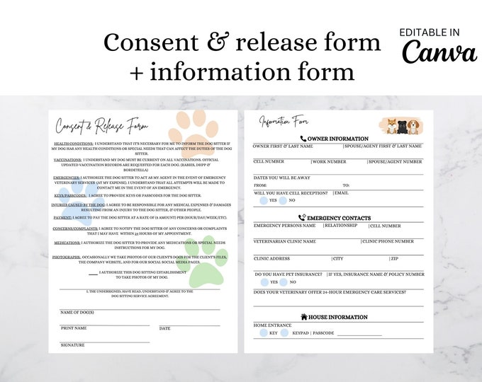Dog Sitting Information Form, Dog Sitting Consent and Release Form ...