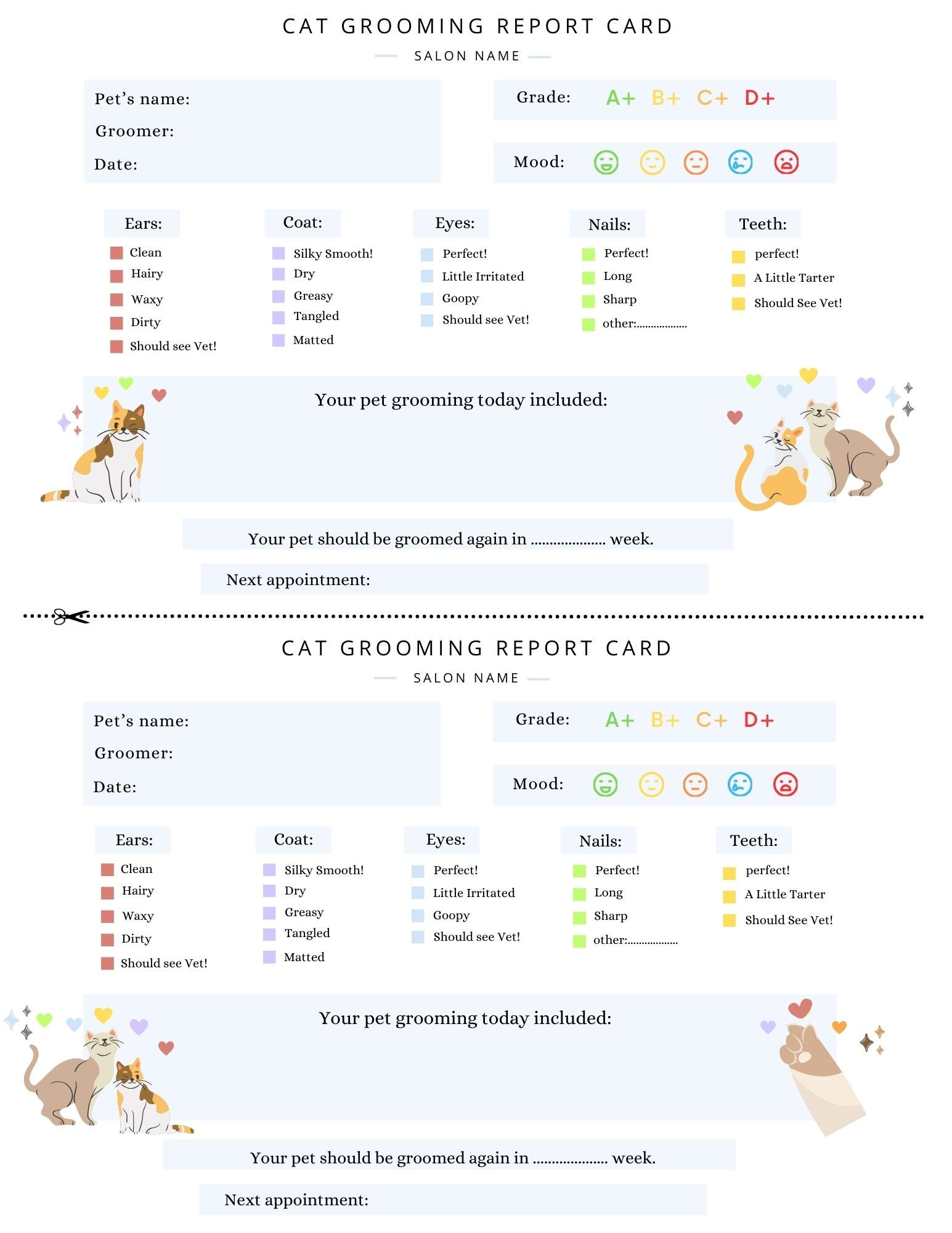 Editable Cat Grooming Report Card, Cat Groomer Report Card Template - Etsy