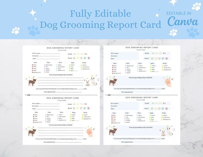 Editable Dog Grooming Report Card, Dog Groomer Report Card Template - Etsy