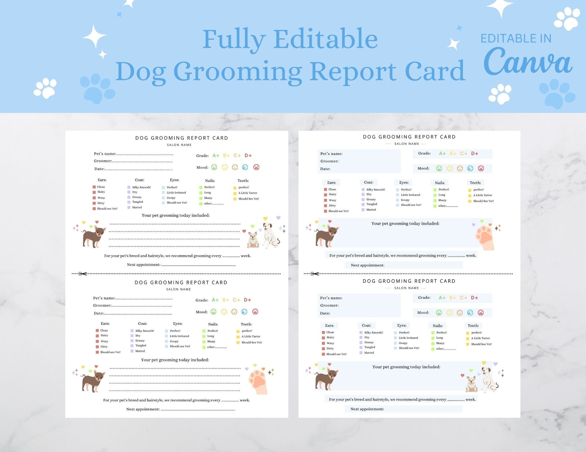 Editable Dog Grooming Report Card, Dog Groomer Report Card Template - Etsy