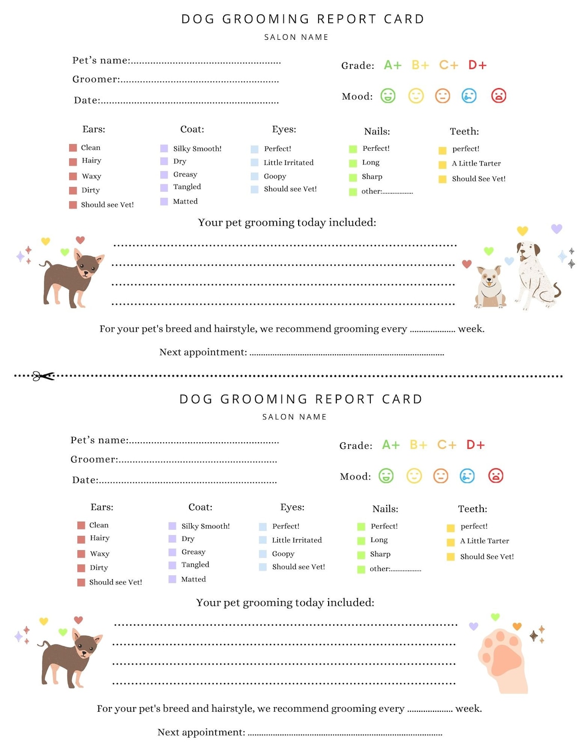 Editable Dog Grooming Report Card, Dog Groomer Report Card Template - Etsy