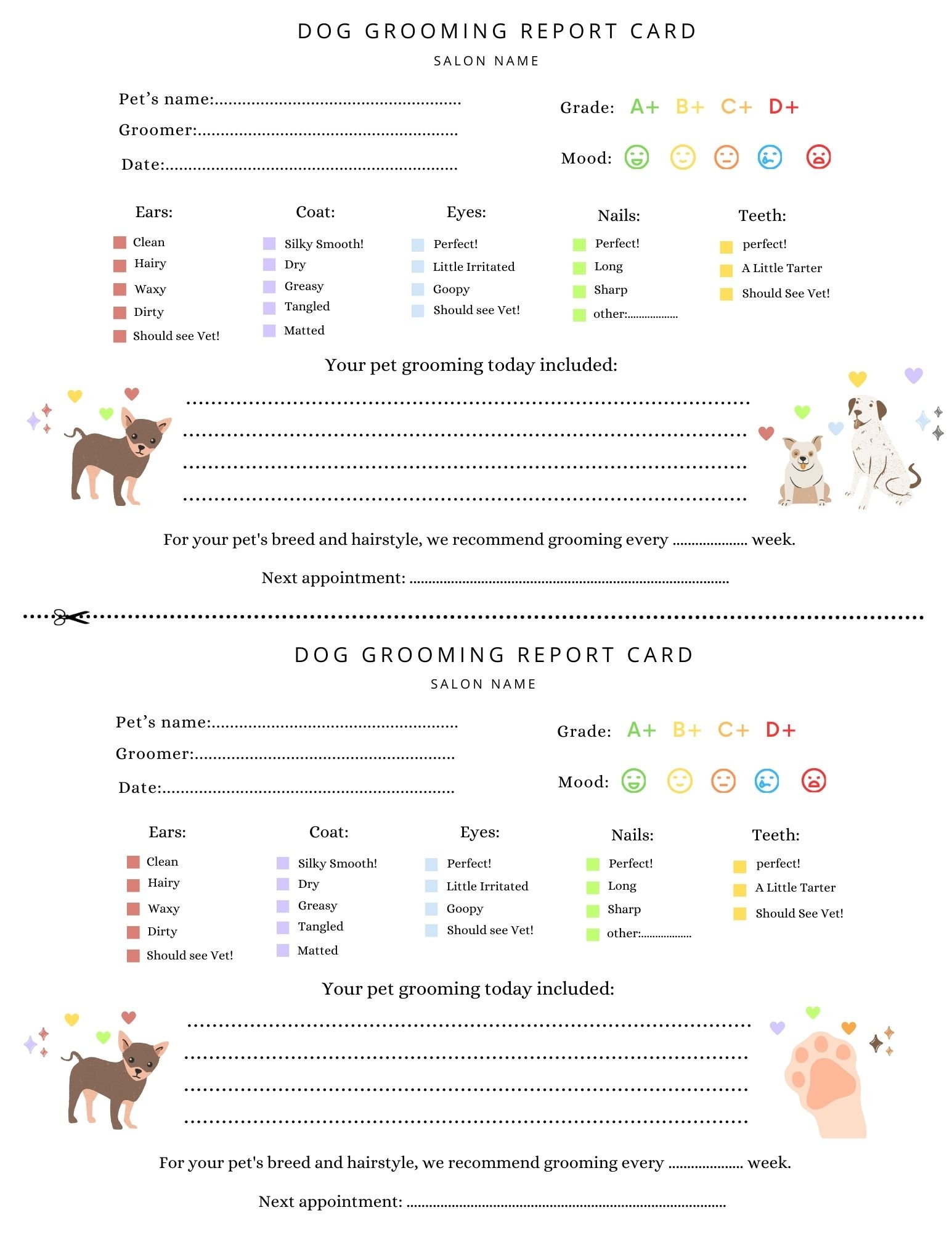Editable Dog Grooming Report Card, Dog Groomer Report Card Template - Etsy