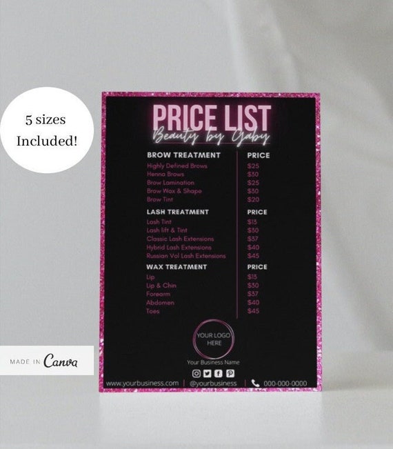 Neon/pink Glitter Price List Templates Editable Business | Etsy