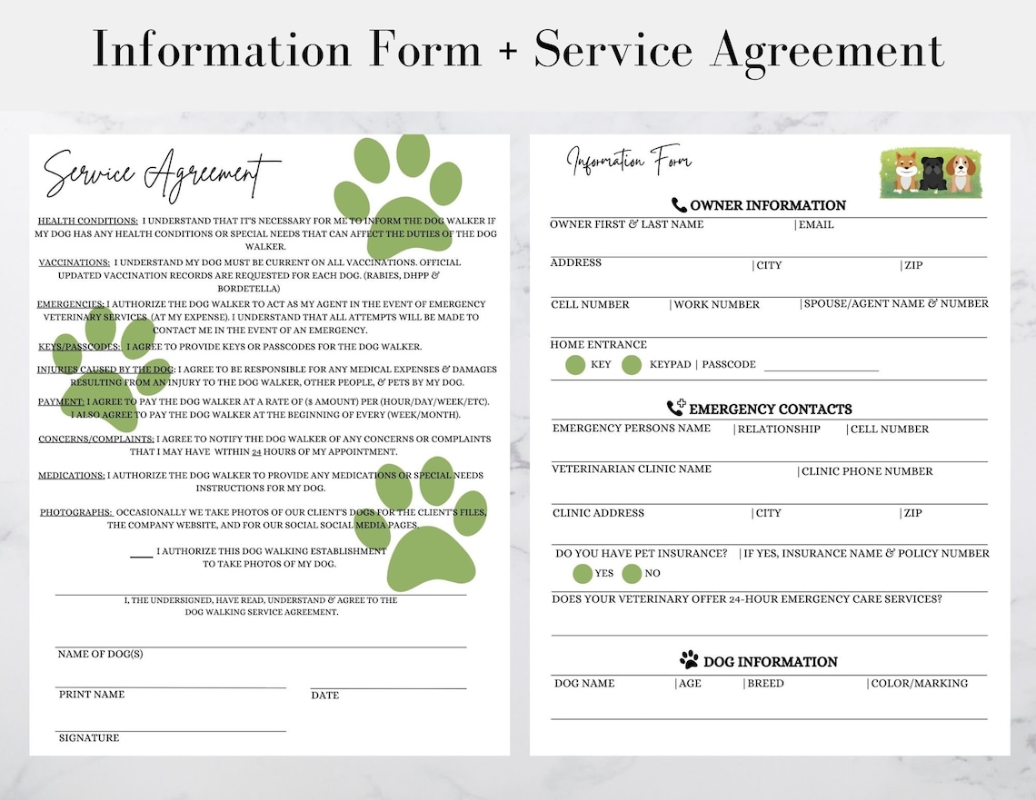 Dog Walking Information Form Dog Walking Service Agreement - Etsy