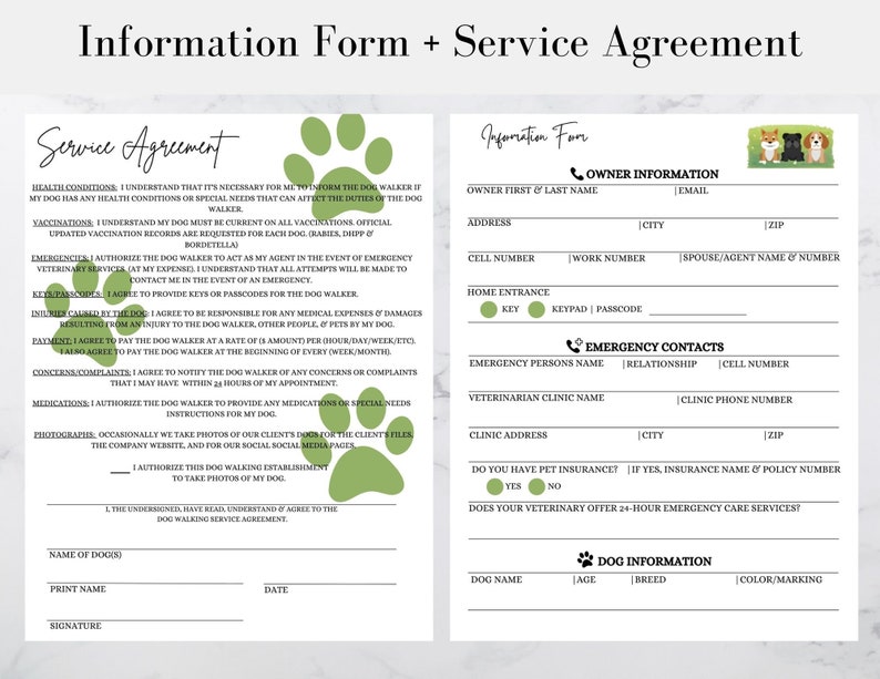 Dog Walking Information Form Dog Walking Service Agreement - Etsy