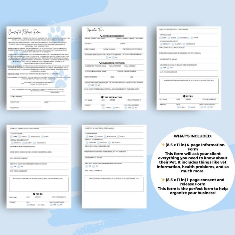 Dog/pet Grooming Business Forms, Consent and Release Form, Information ...
