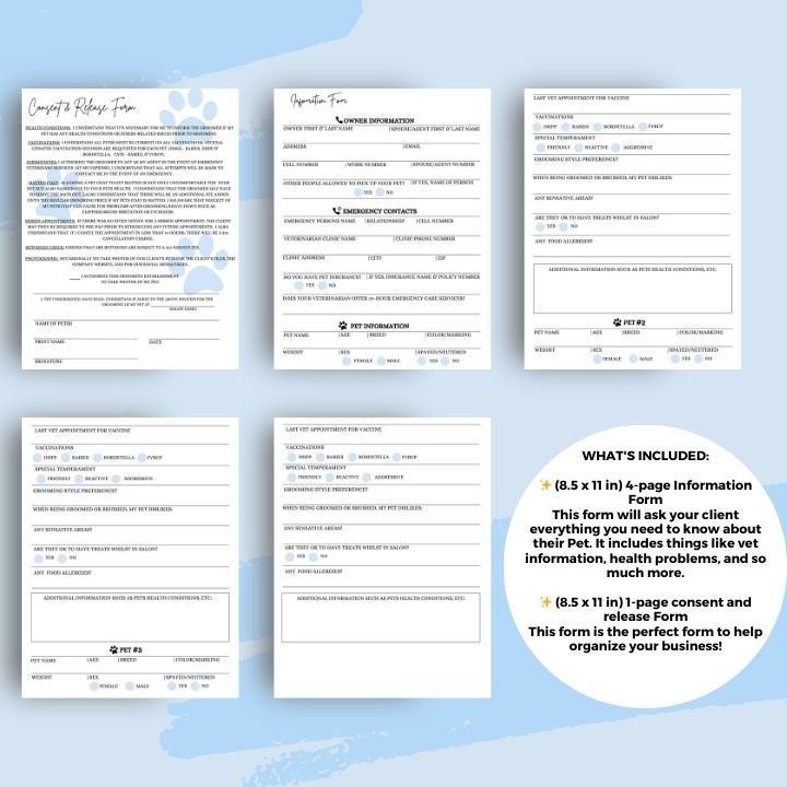 Dog/pet Grooming Business Forms, Consent and Release Form, Information ...