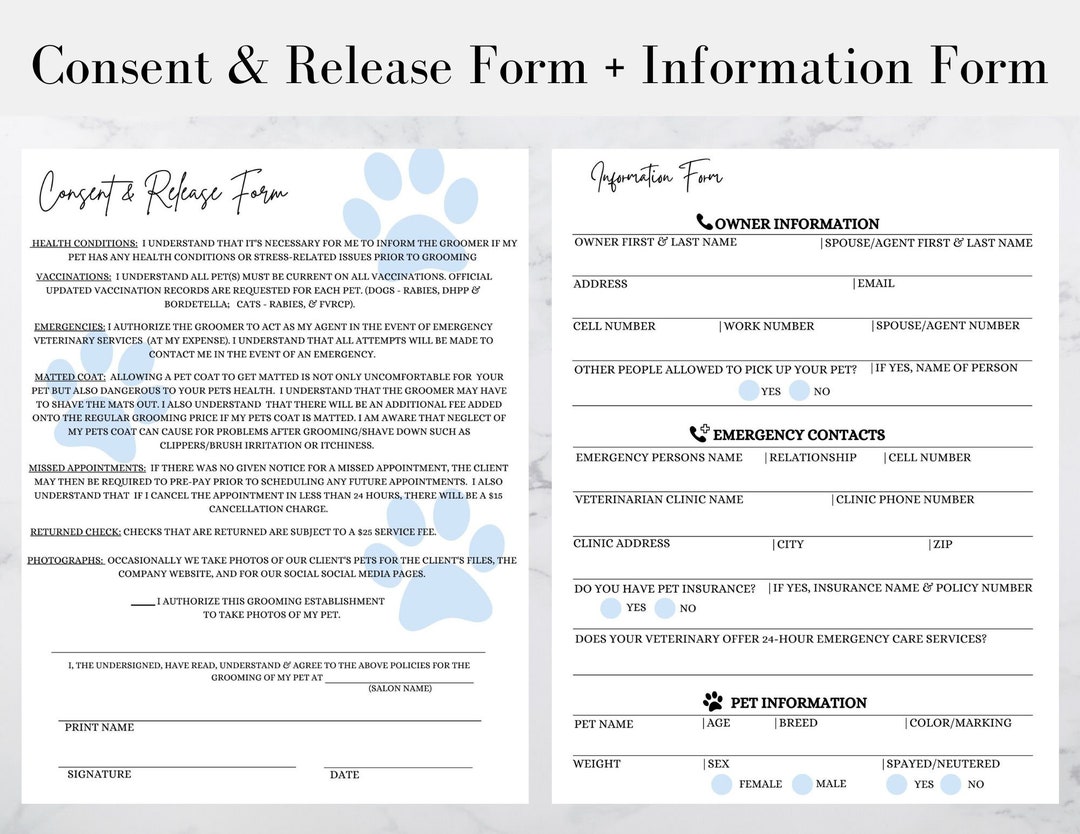 Dog/pet Grooming Business Forms Consent and Release Form - Etsy