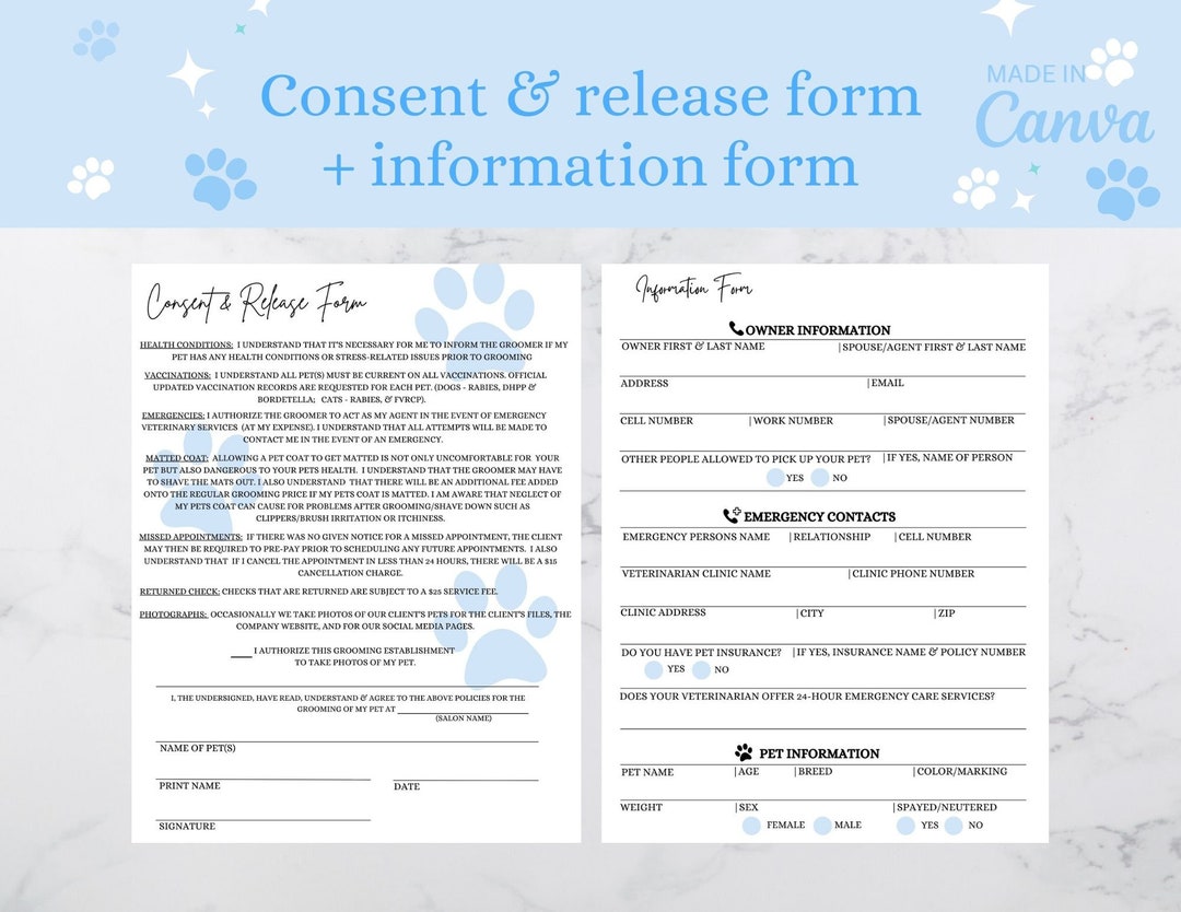 Dog/pet Grooming Business Forms, Consent and Release Form, Information ...