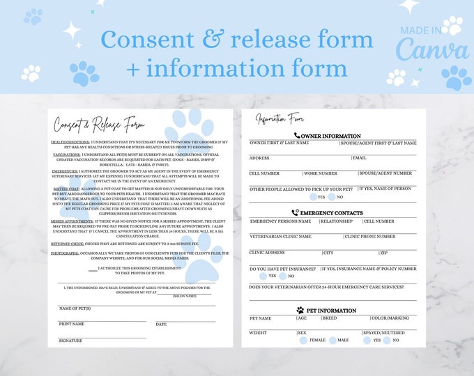Dog/pet Grooming Business Forms, Consent and Release Form, Information ...