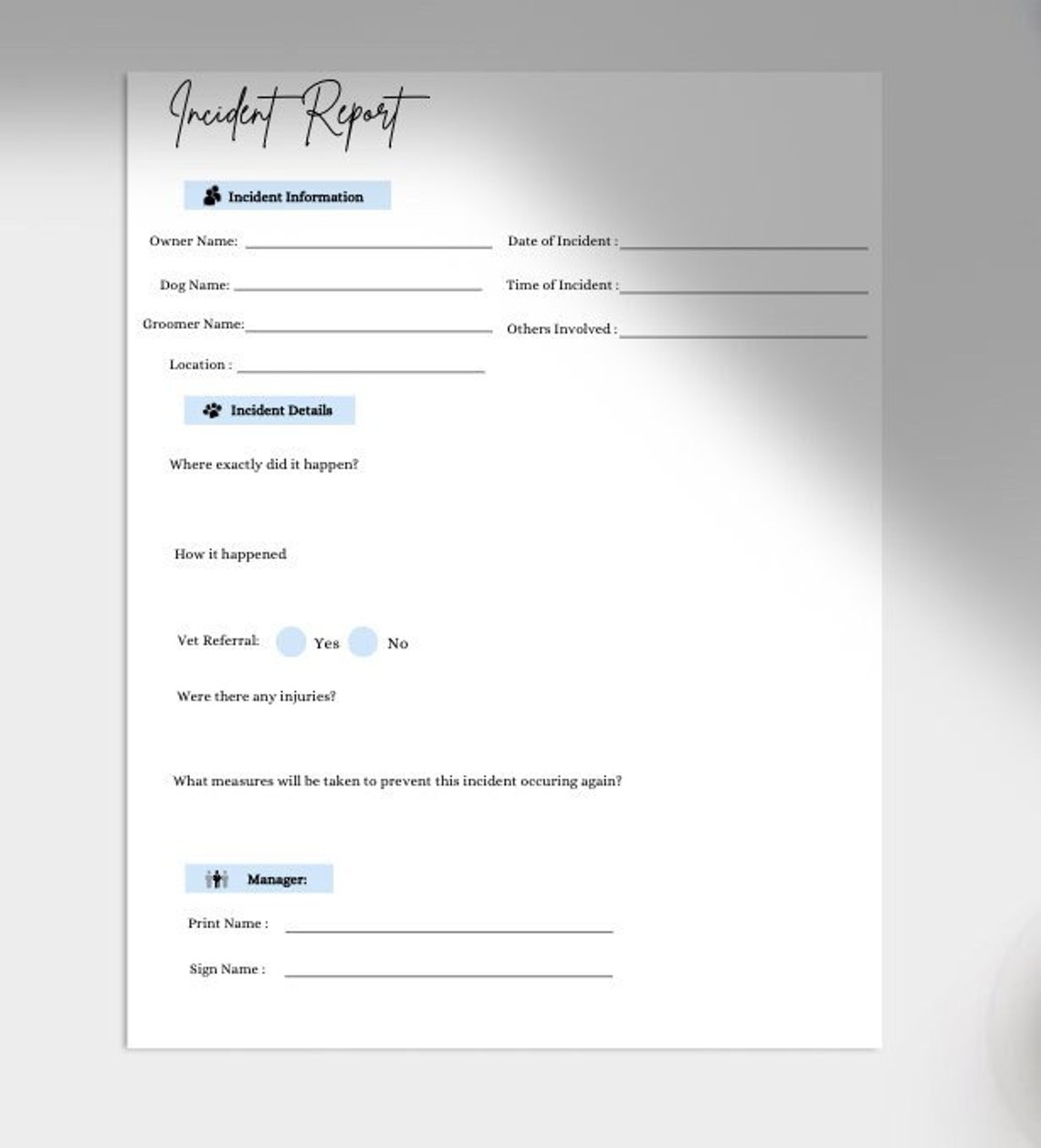 Dog Groomer Incident Form, Staff Incident Report, Editable Template ...