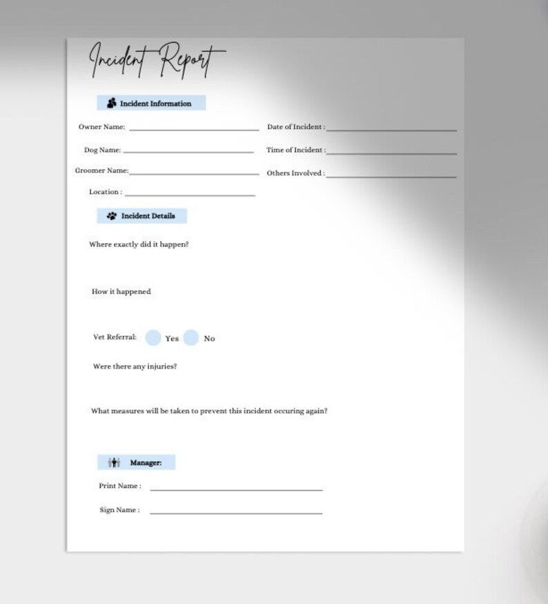 Dog Groomer Incident Form, Staff Incident Report, Editable Template ...