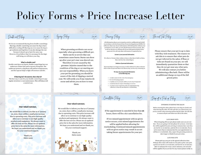 Editable Dog/pet Grooming Business Forms Package, Cat Grooming Policy ...