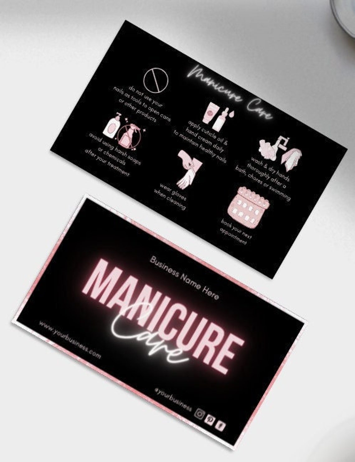 Neon/rose Gold Manicure Care Card Template, Custom Nail Post-treatment ...