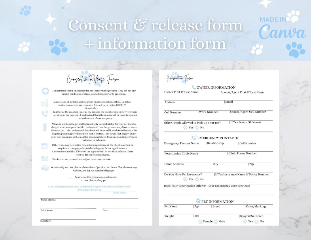 Dog Grooming Business Forms, Consent and Release Form, Information Form ...