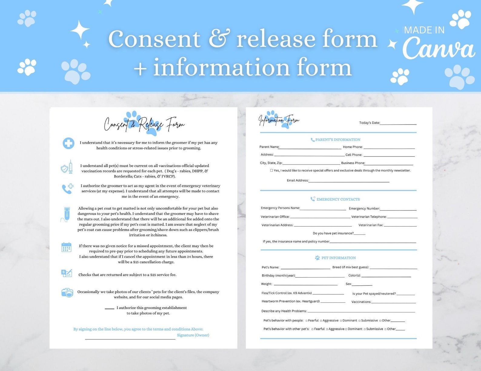 Dog/cat Grooming Business Forms, Consent and Release Form, Information ...