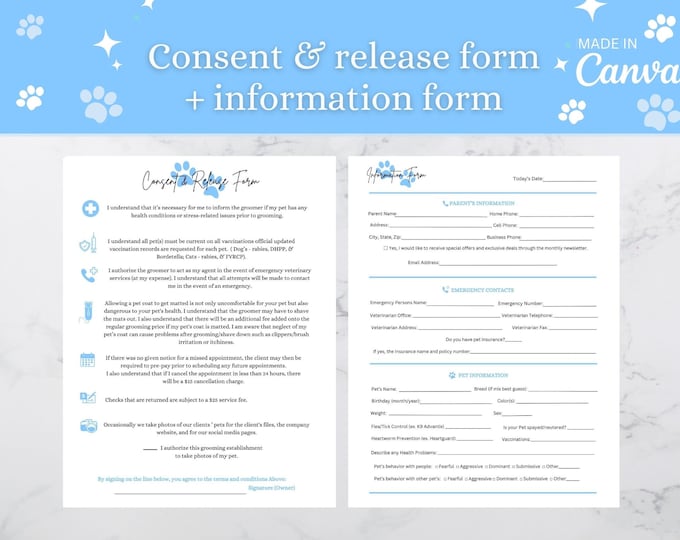 Dog/cat Grooming Business Forms, Consent and Release Form, Information ...