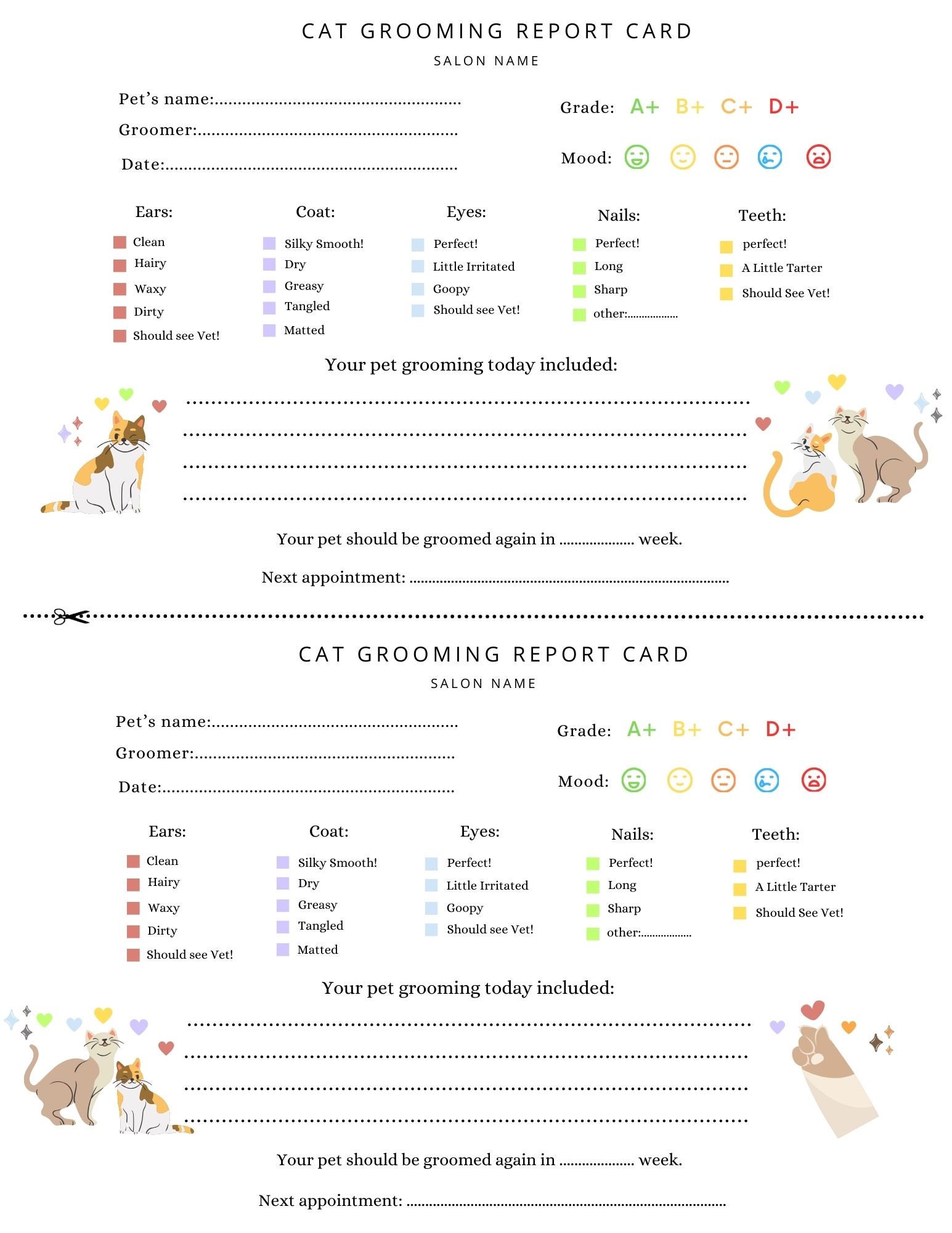 Editable Cat Grooming Report Card, Cat Groomer Report Card Template - Etsy