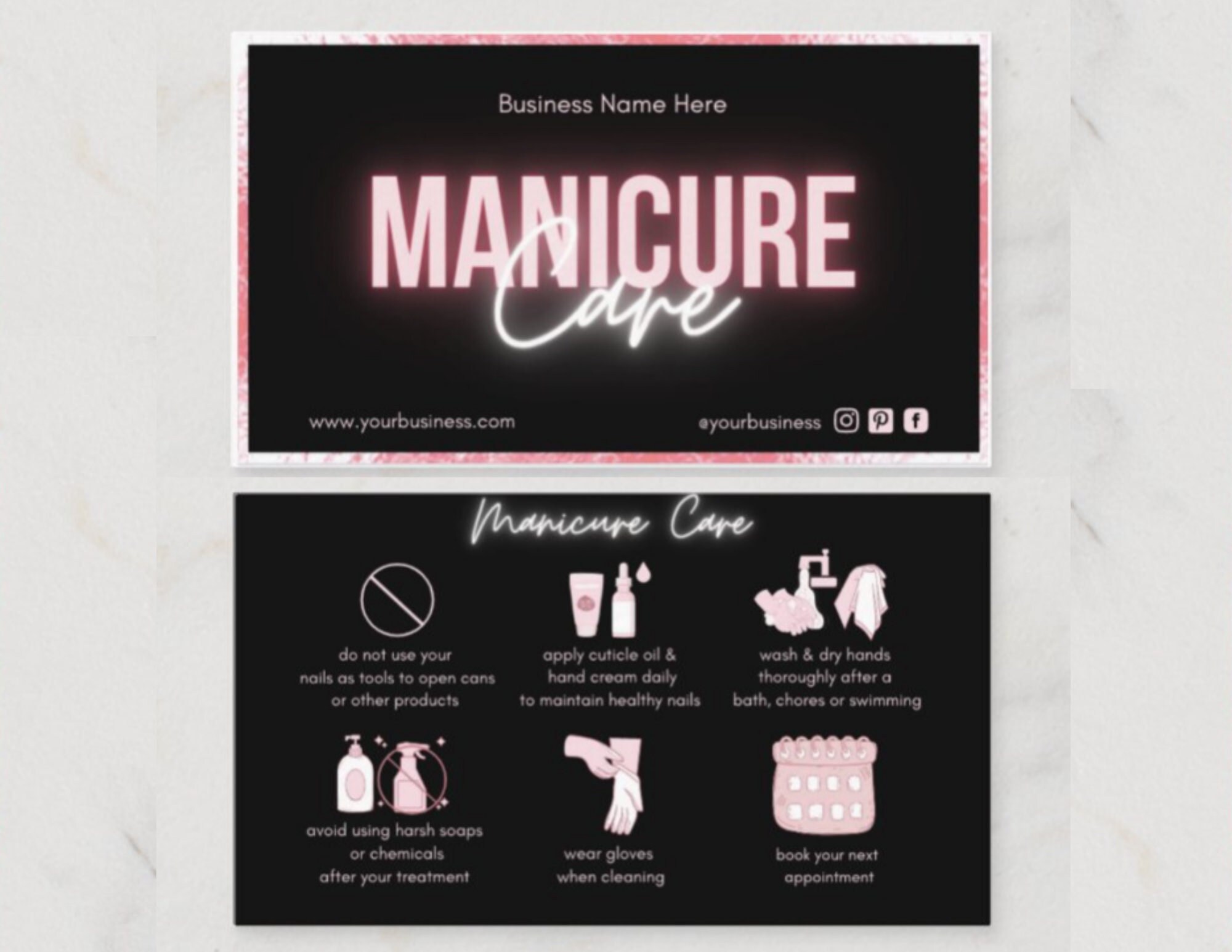 Neon/rose Gold Manicure Care Card Template, Custom Nail Post-treatment ...