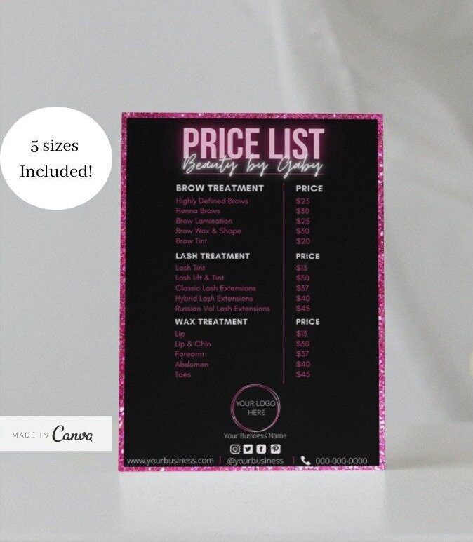 Neon/pink Glitter Price List Templates, Editable Business Pricing Sign ...