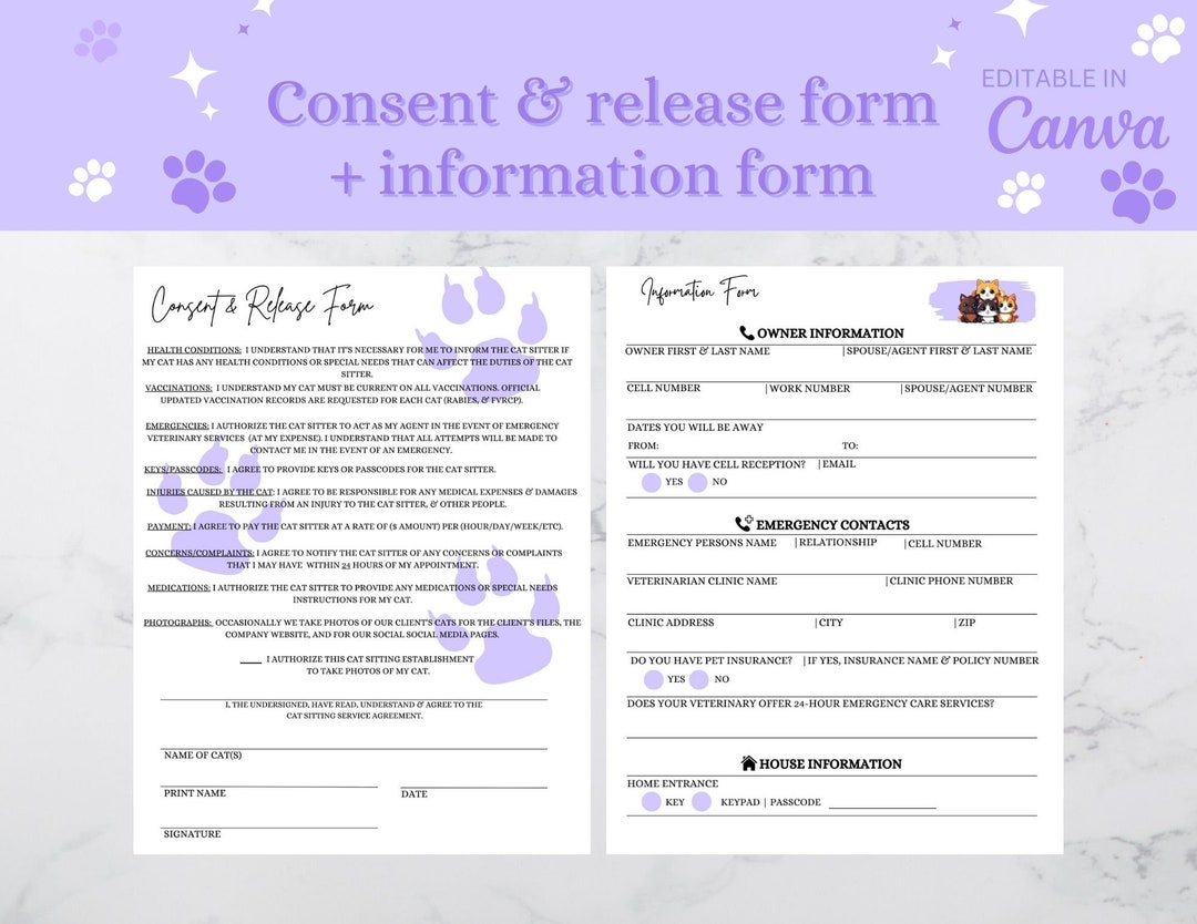 Cat Sitting Business Forms, Consent and Release Form, Information Form ...