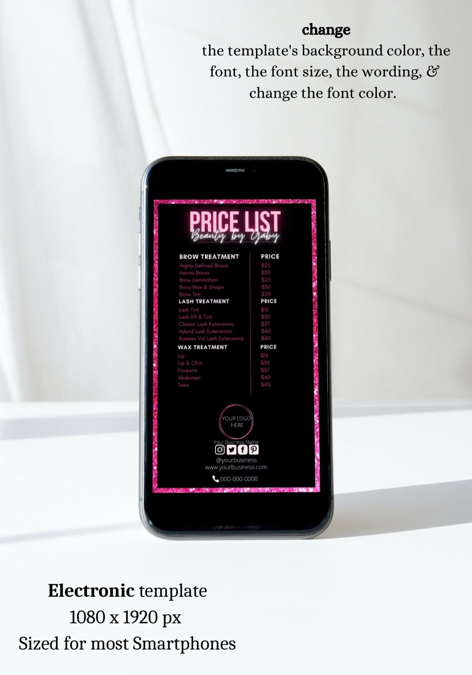 Neon/pink Glitter Price List Templates, Editable Business Pricing Sign ...