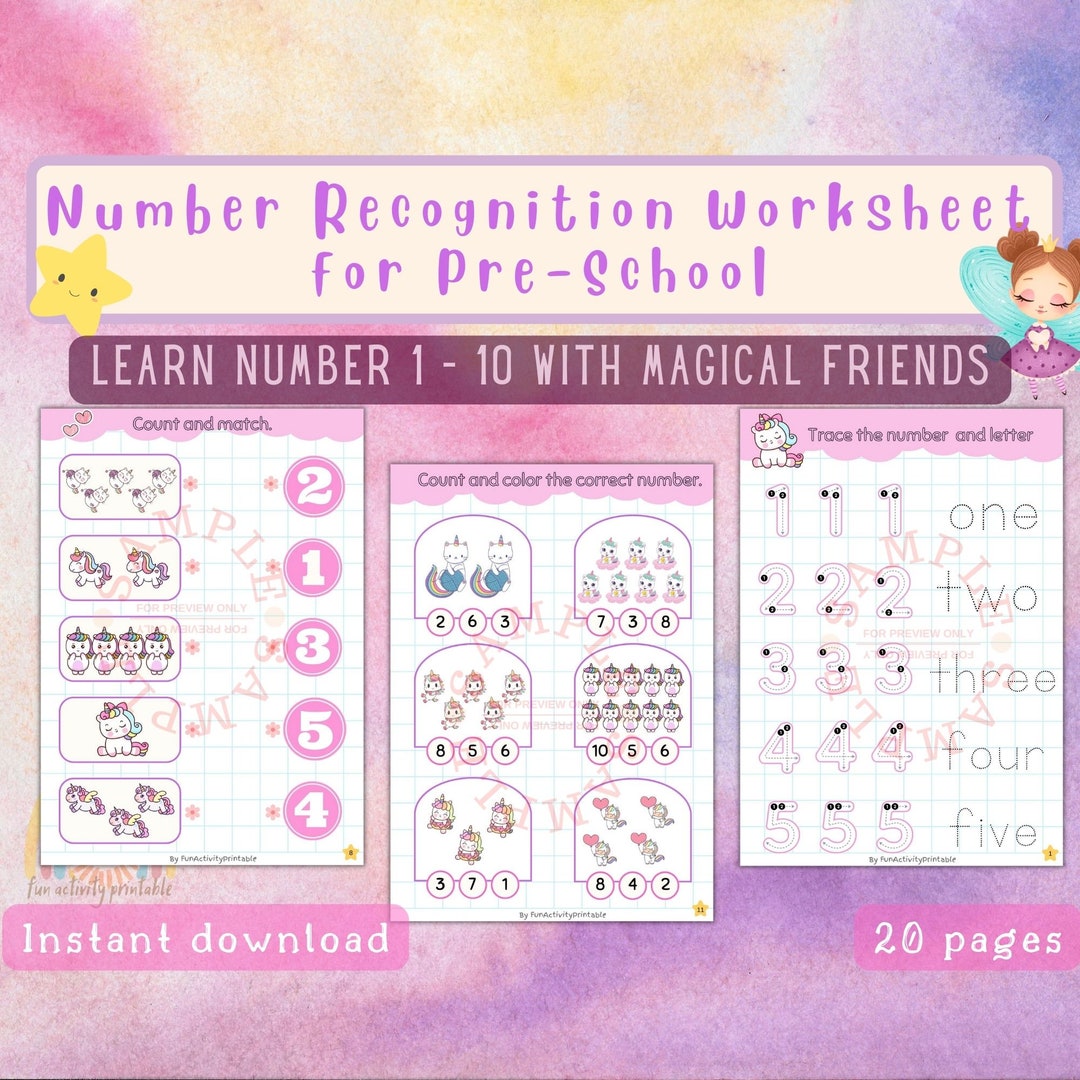 Number Recognition Worksheet for Pre-school Magical Theme Learn Numbers ...