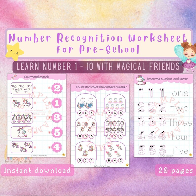 Number Recognition Worksheet for Pre-school Magical Theme Learn Numbers ...