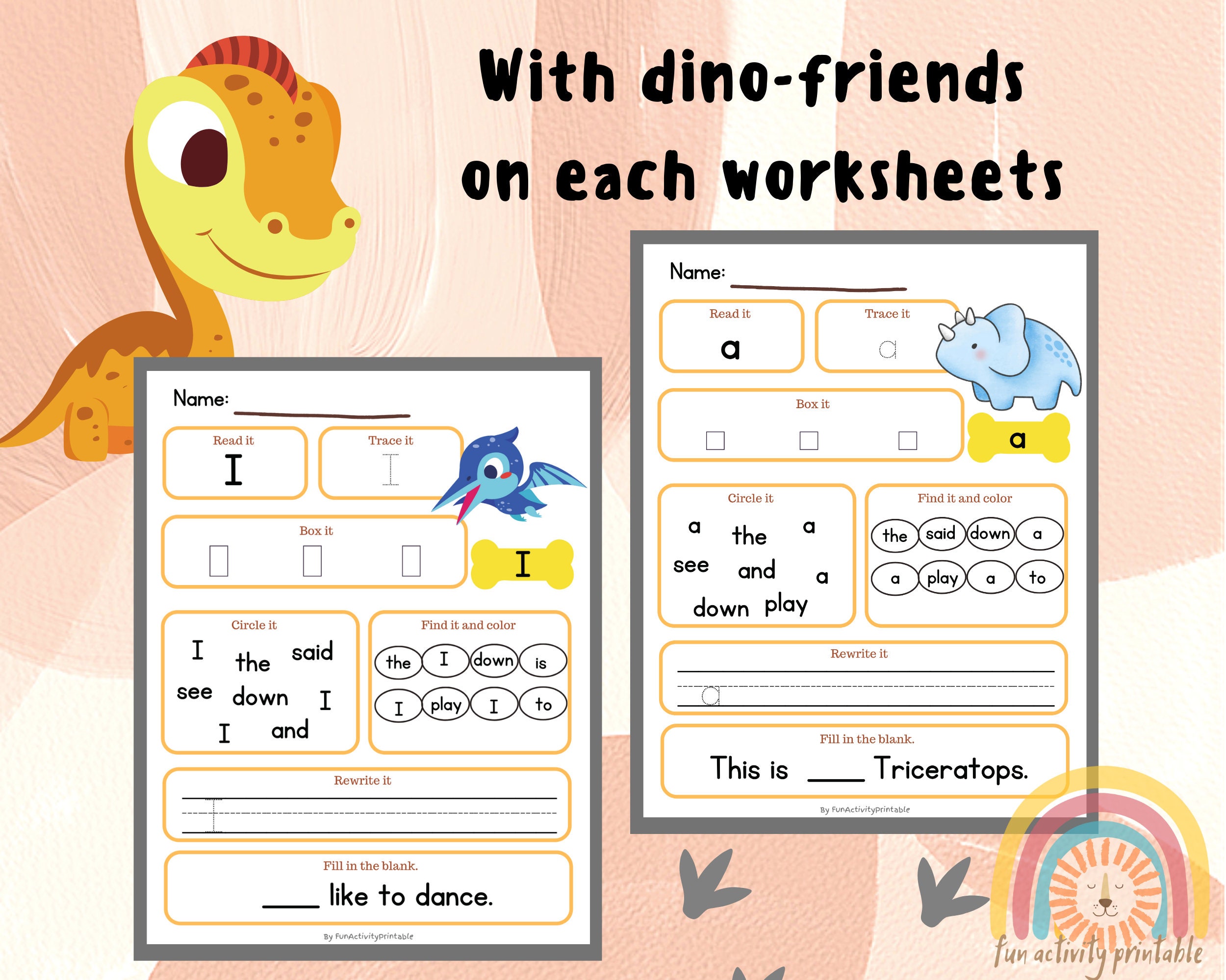 40 Pre-k Sight Words Worksheets : Learn With Dino-friends - Etsy