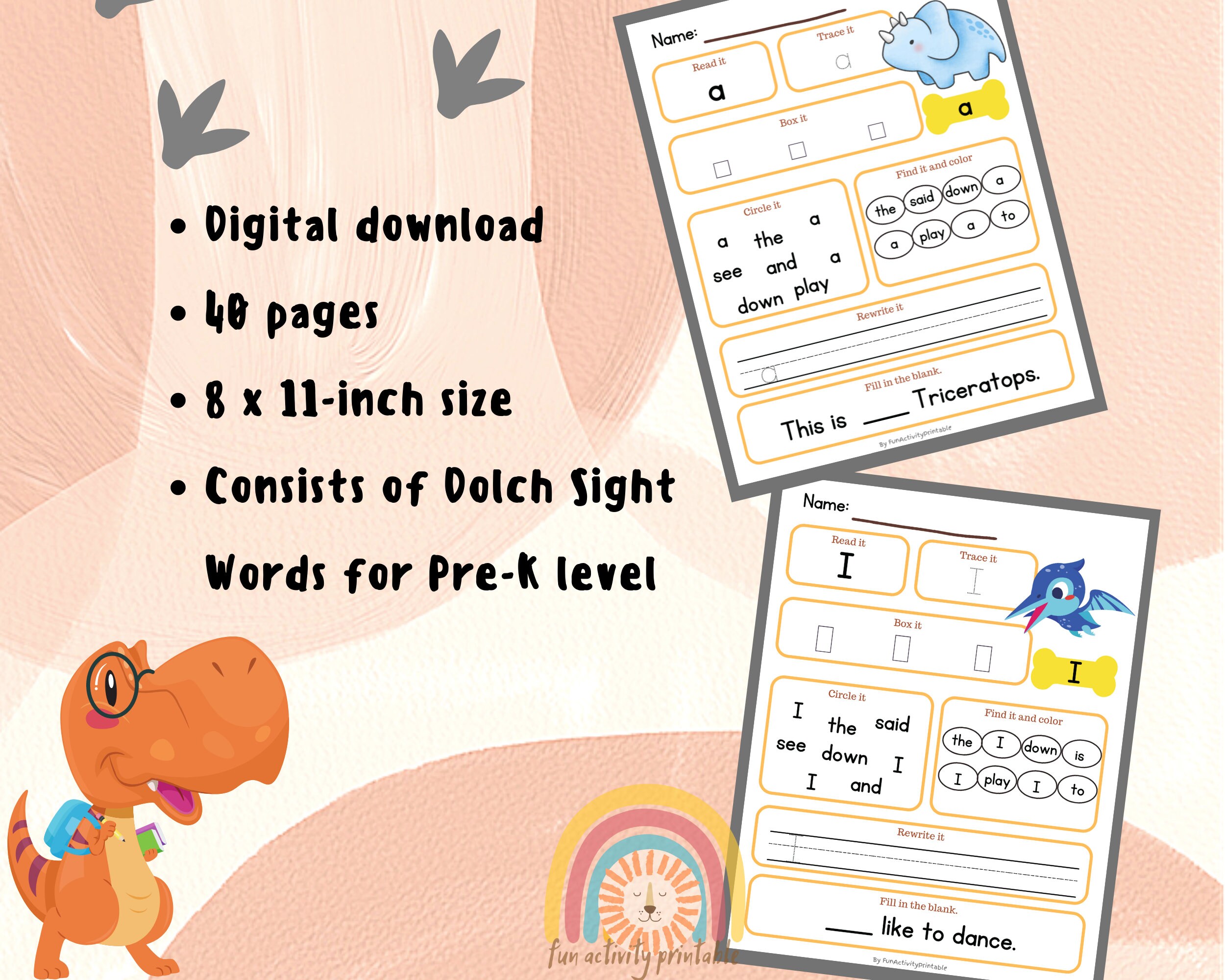 40 Pre-k Sight Words Worksheets : Learn With Dino-friends - Etsy