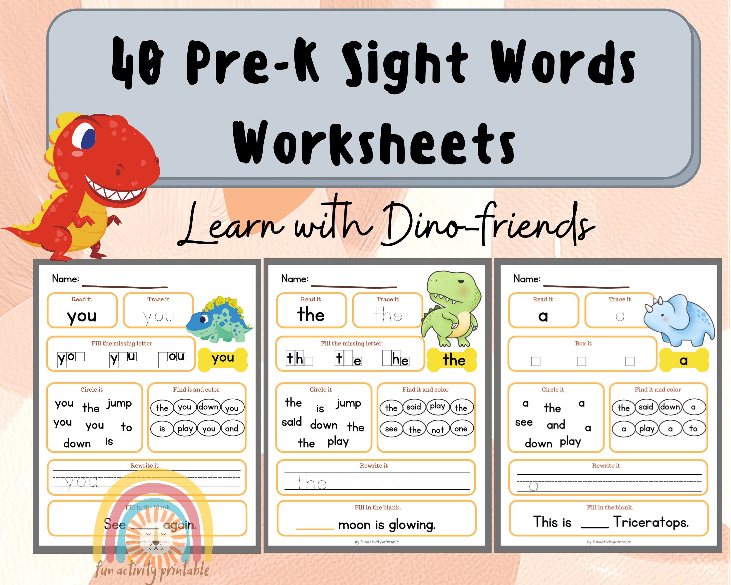 40 Pre-k Sight Words Worksheets : Learn With Dino-friends - Etsy