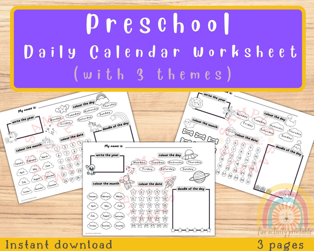 Preschool Calendar Worksheet With 3 Different Themes - Etsy