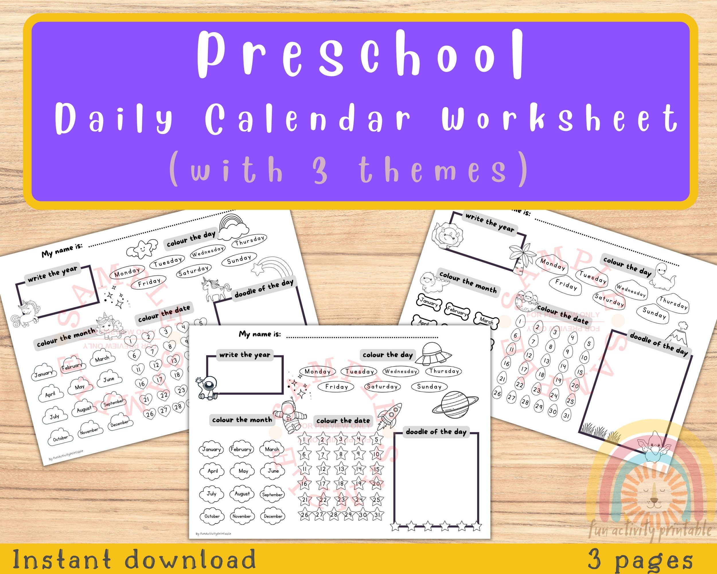 Preschool Calendar Worksheet With 3 Different Themes - Etsy