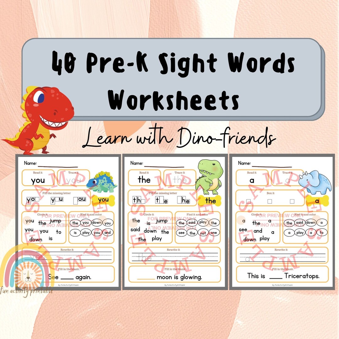 40 Pre-k Sight Words Worksheets : Learn With Dino-friends Printable ...