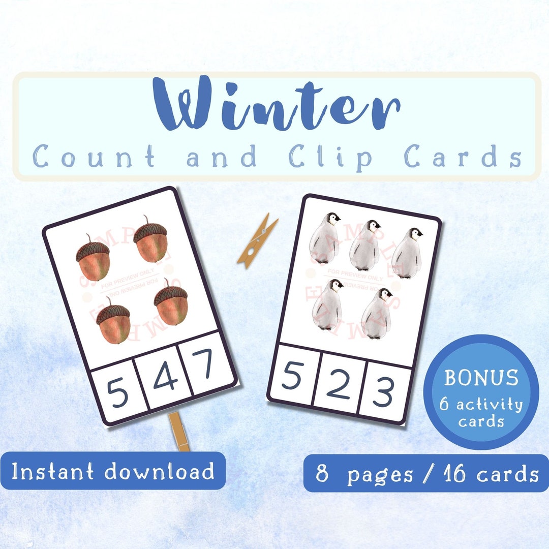 Winter Count and Clip Cards Toddler's Counting Activity Printable Math ...
