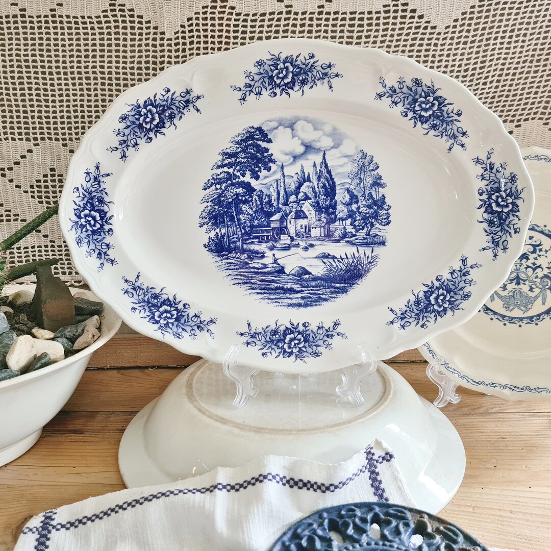 Large Old Oval Dish Moulin Des Loups Model Lima Blue Decoration ...