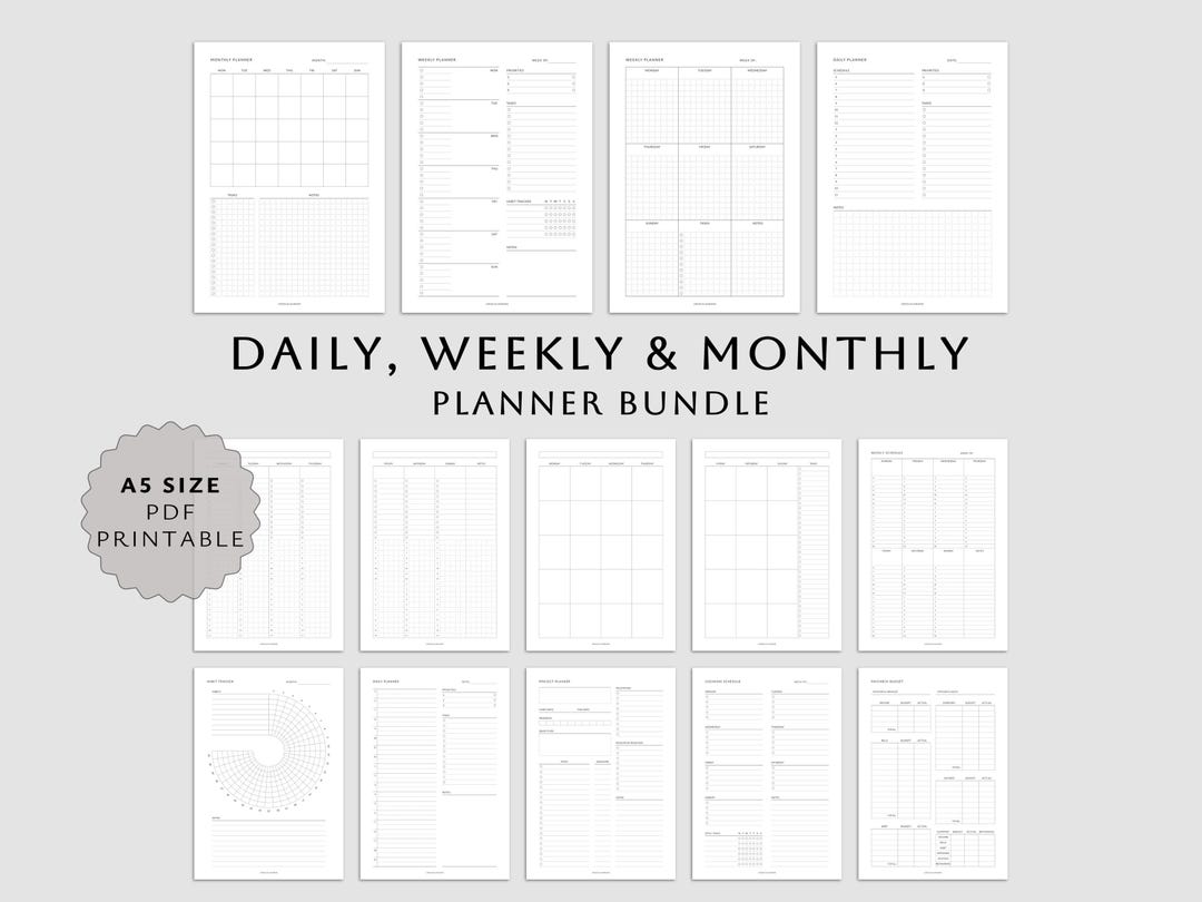 Minimalist A5 Planner Inserts Bundle: Daily, Weekly, Monthly (printable ...