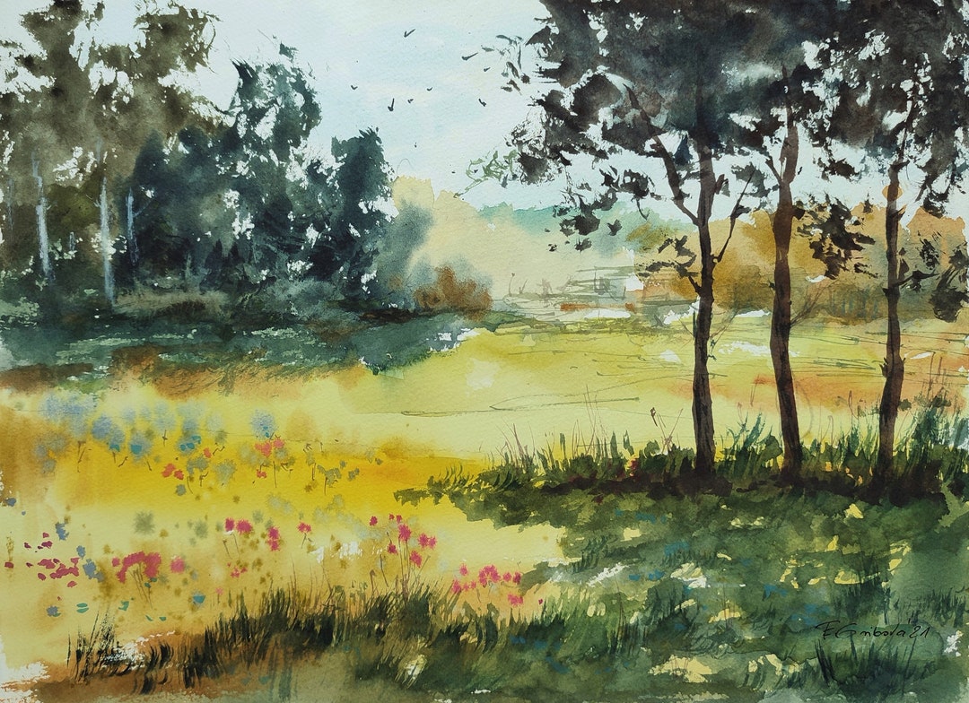 Summer Forest Landscape Original Watercolor Painting, Meadow in the ...