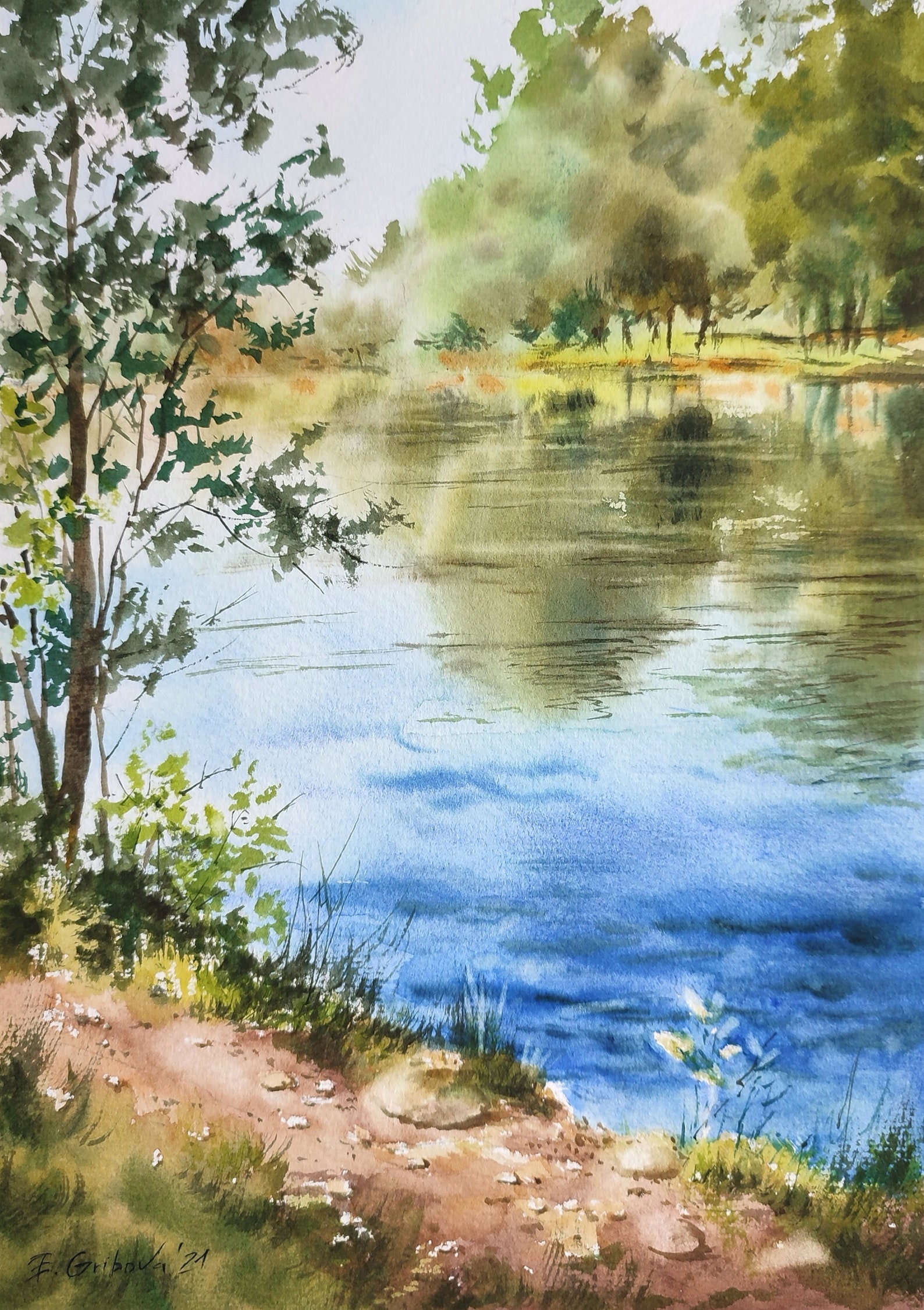 Forest Lake Original Watercolor Painting, Reflections in the Water ...