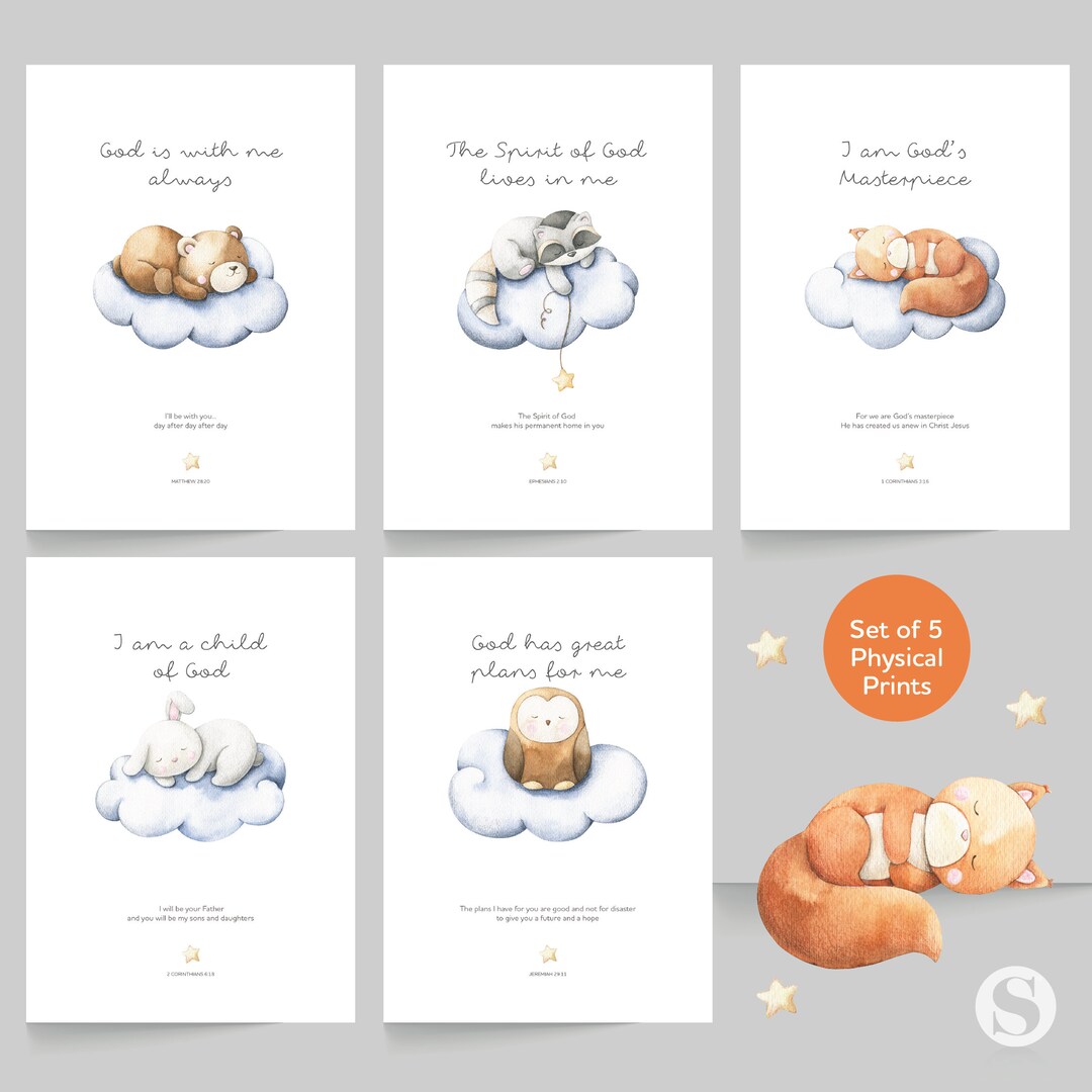 Set of 5 Sleepy Animal Bible Verse Nursery Wall Art Prints - Etsy