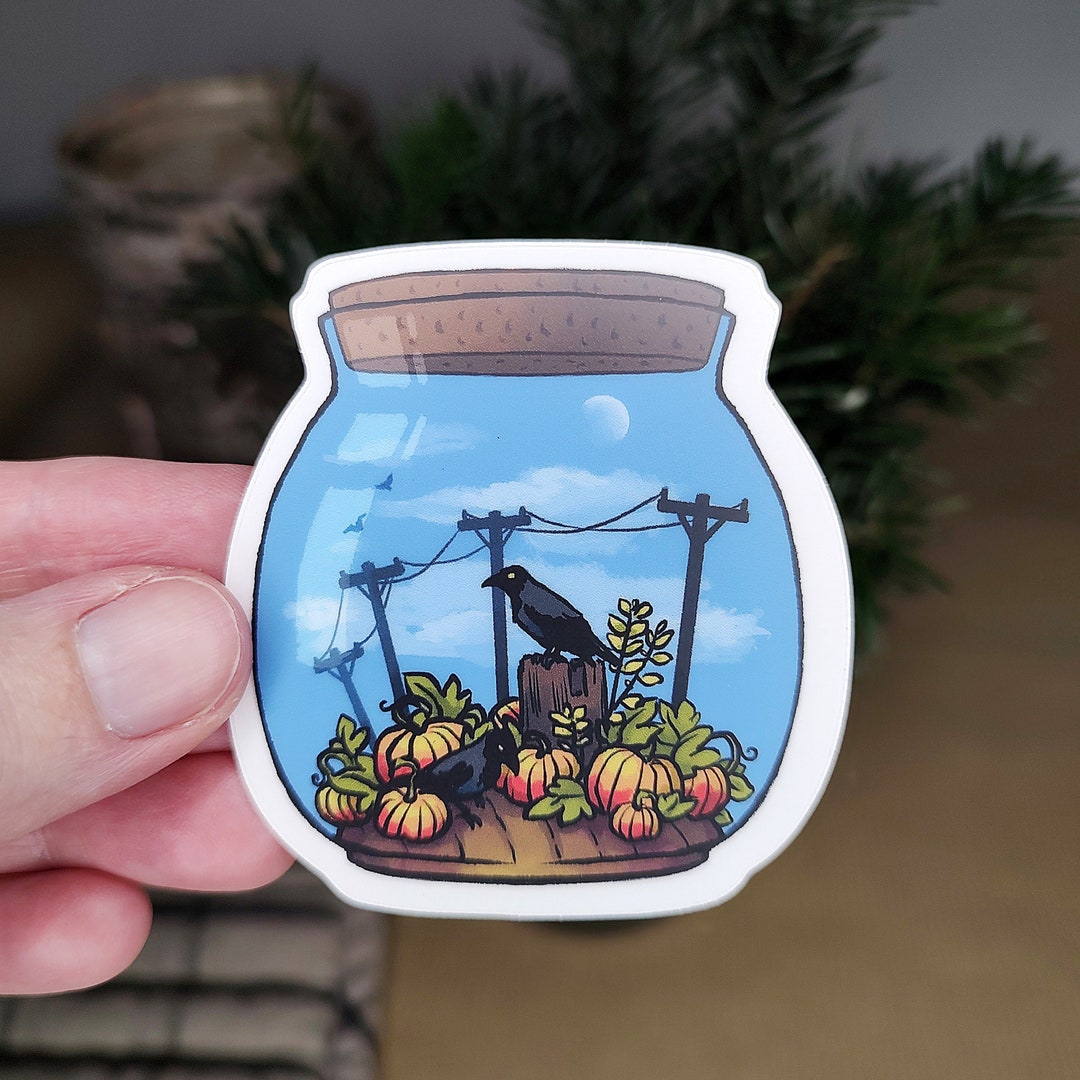 AUTUMN DAY CROWS Terrarium Sticker Black Birds in Pumpkin Field October ...