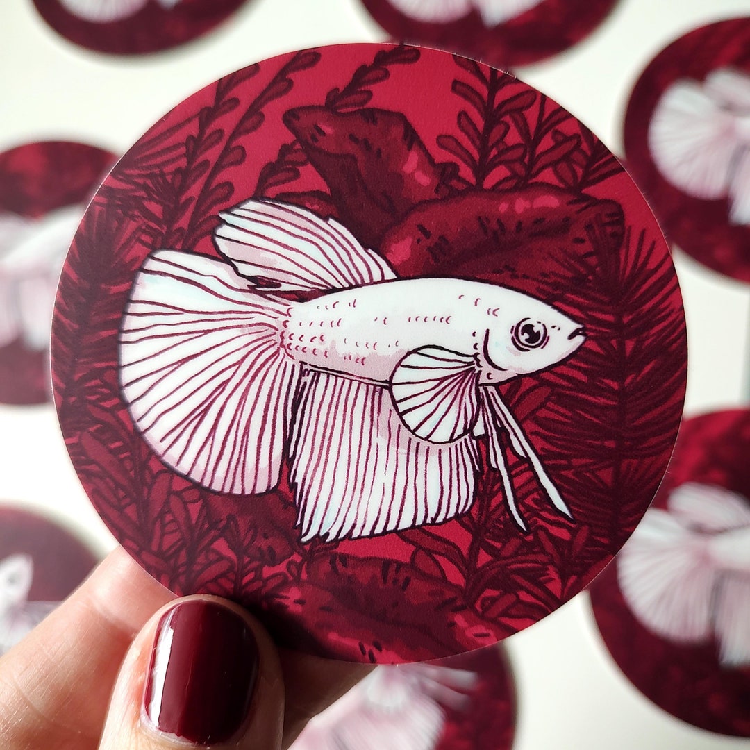 GHOST BETTA FISH Circle Sticker | White Dumbo Ear Betta With Red Plants ...