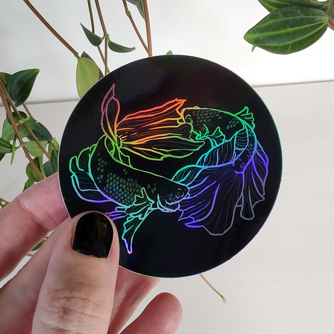 BETTA FISH Holographic Sticker | Black and Rainbow Fighting Fish Art ...