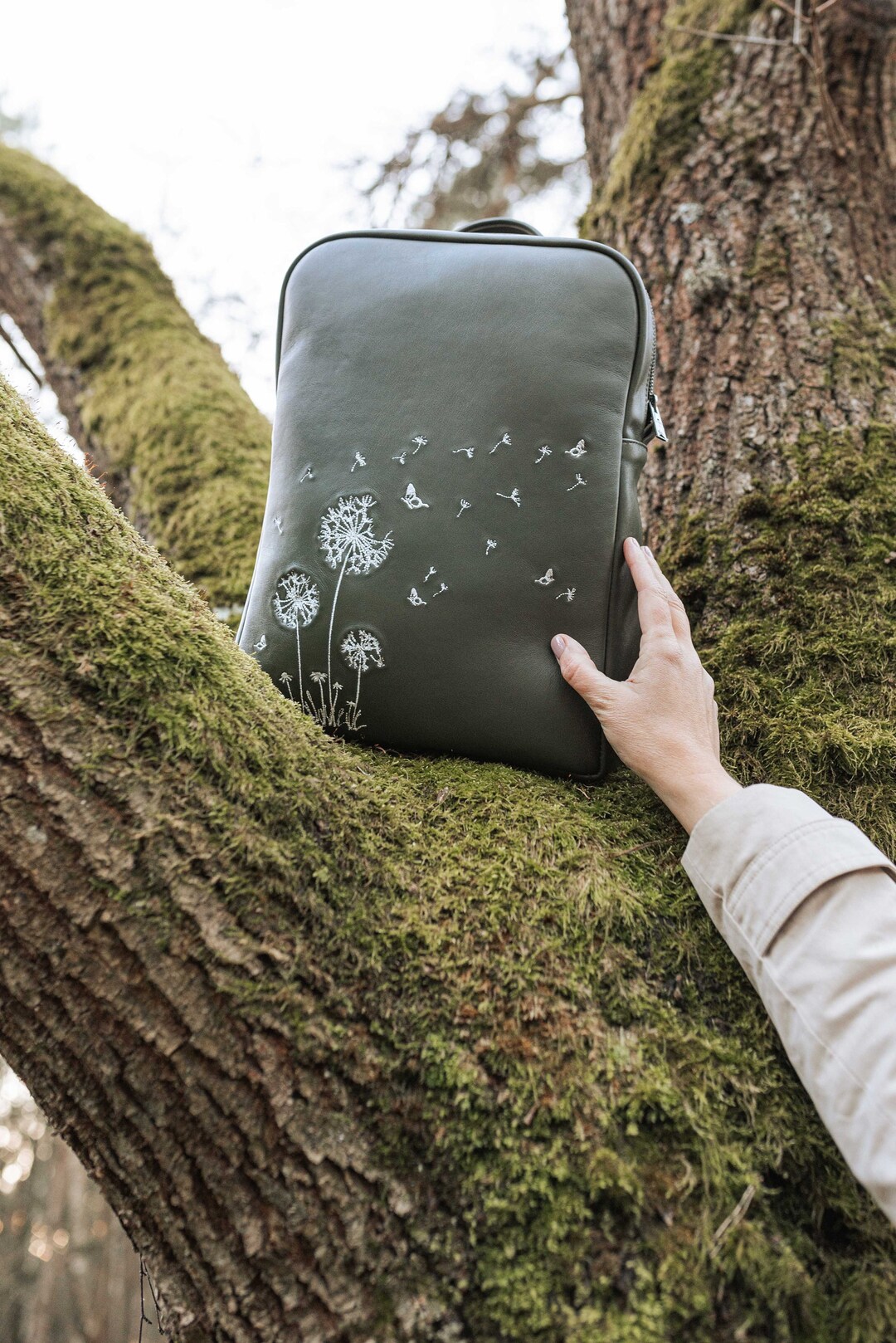 Handmade Green Dandelion Leather Backpack, Dandelion Embroidery, Casual ...
