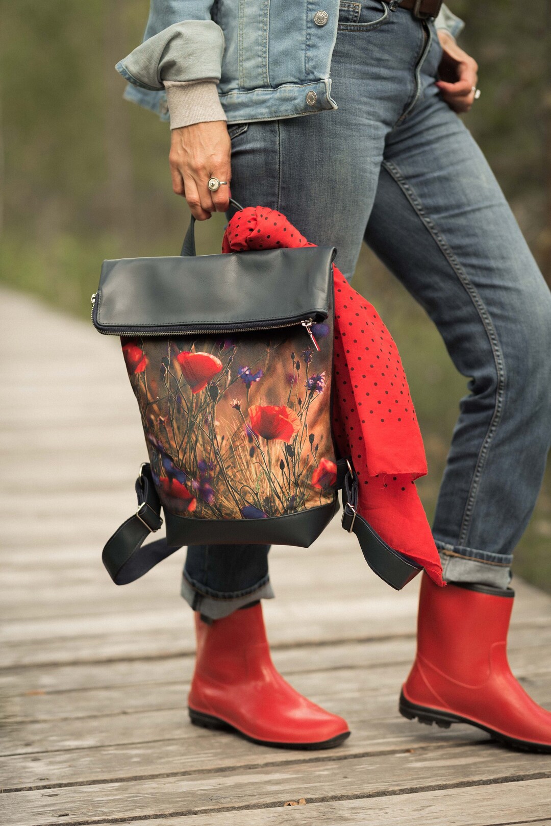 Poppy Field Print Leather Backpack, Handmade Custom Bag, Velvet and ...