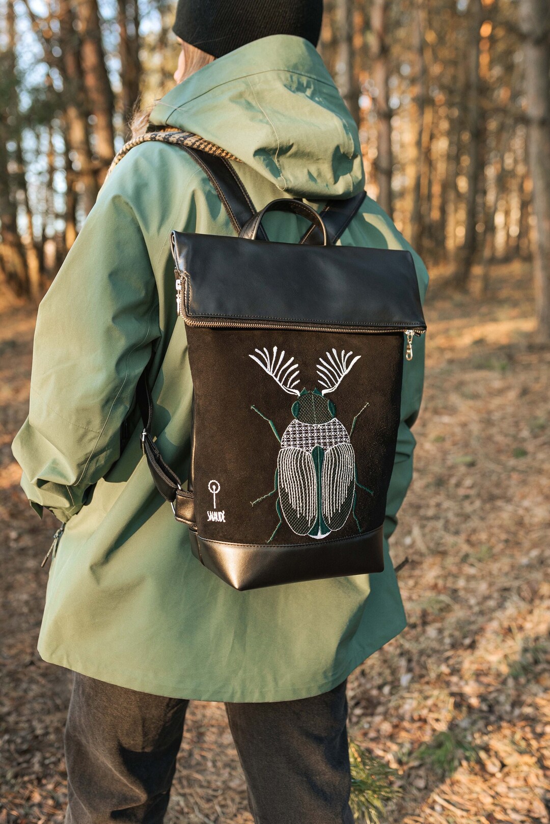 Leather Backpack With Embroidered Beetle, Custom Backpack for Women ...