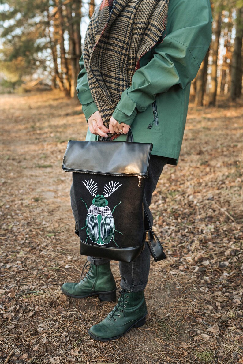 Leather Backpack With Embroidered Beetle, Custom Backpack for Women ...