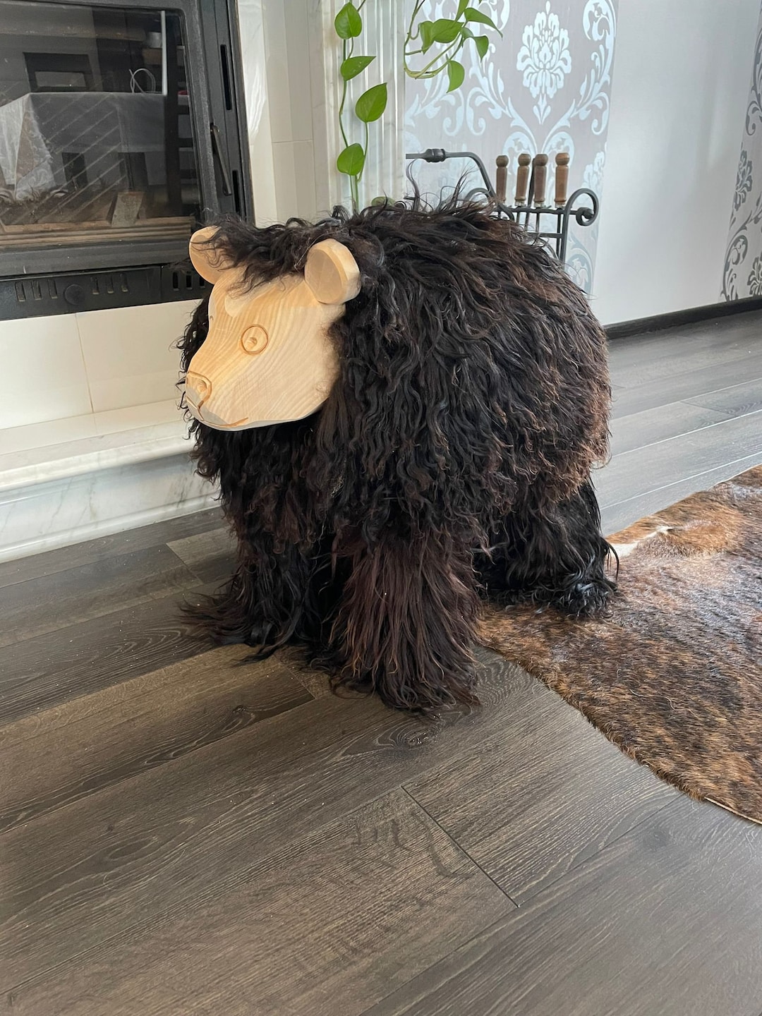 Bear Pouf Real Sheepskin, Ottomanwooden Bear With Natural Sheepskin, Unique Home Decor, Bear ...
